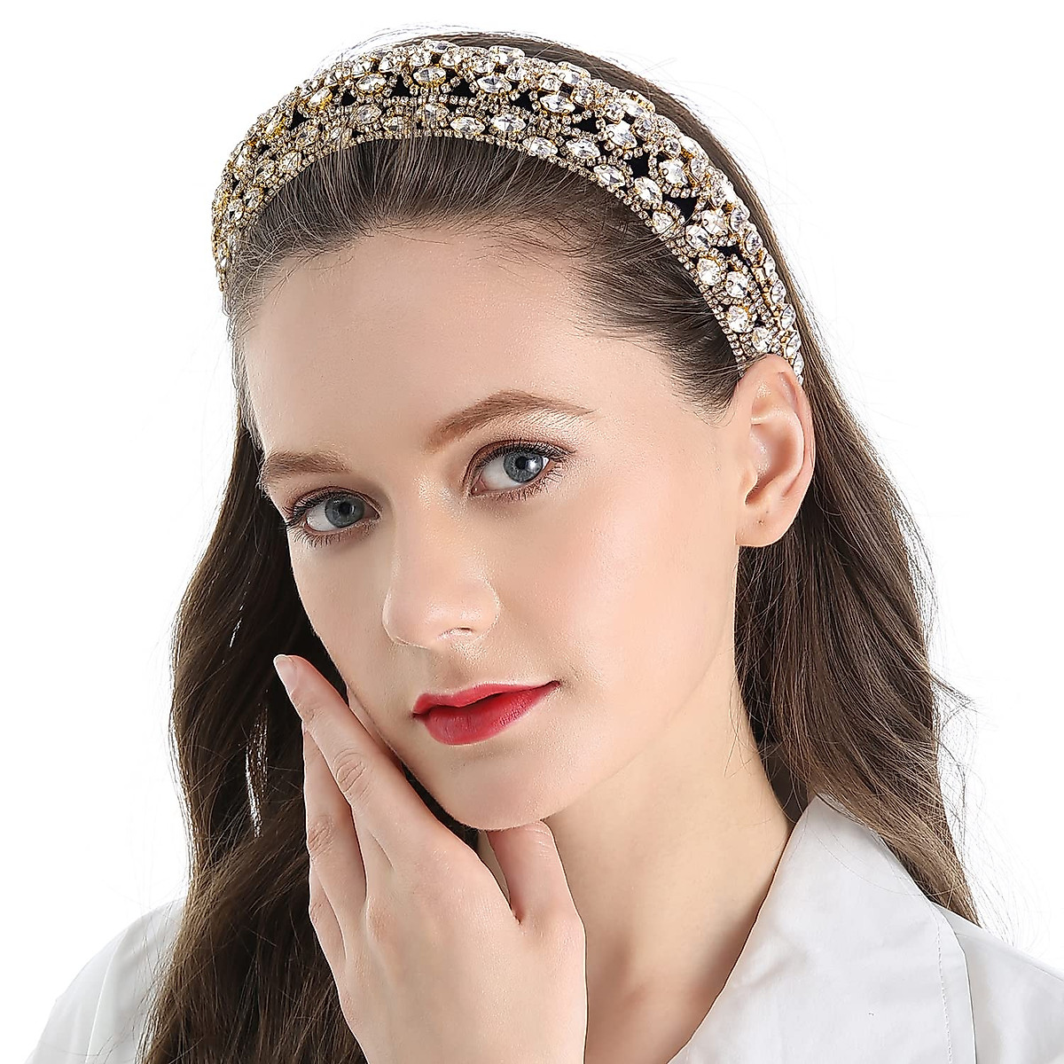 QIANXUAN Crystal Rhinestone Headbands For Women White Pearl Headbands For Girls Padded Headband Black Velvet Jewelry Chain Hairband Handmade Pearly Flower Retro Filling Diamond Hair Accessories