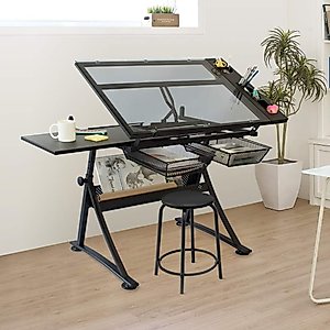 VejiA Drafting Table with Storage, Height Adjustable Tiltable Art Desk, Glass Panel Drawing Desk, for Work Study Painting Craft Table