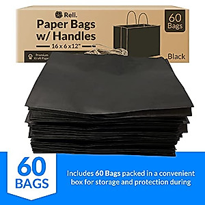 Reli. (60 Pcs Paper Shopping Bags, Black | 16x6x12 | Large Paper Bags with Handles | Strong Large Shopping for Boutique | Kraft | Use for Take Out/To Go, Retail,Restaurant (Twist Handles)