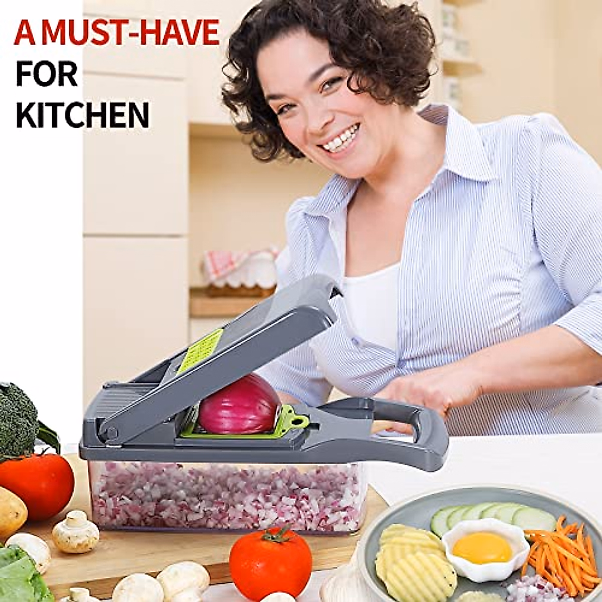Vegetable Chopper with Container, 12-in-1 Multifunctional Veggie Chopper, 7 Blade Onion Chopper, Vegetable Cutter, Slicer, Grater, Mandolin Slicer with Container, Time-saving Kitchen Gadgets (Gray)
