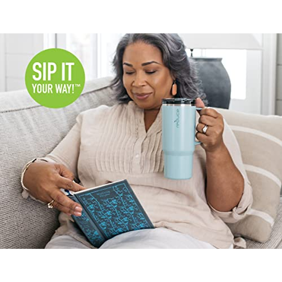 REDUCE Travel Coffee Mug, 24 oz - Insulated Mug for Tea, Coffee and Other Hot Drinks - With Flo-Motion Lid and Handle - Single-Serve and Cupholder Friendly - Linen