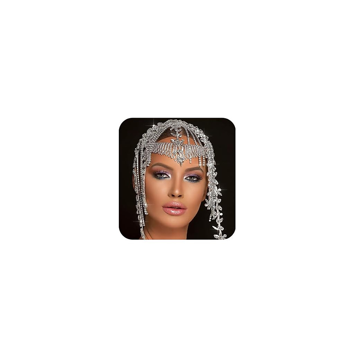 STONEFANS 1920s Rhinestone Headpiece Cap Silver Bridal Flapper Head Chain Headband Prom Gatsby Cleopatra Hair Accessories for Women Costume (Silver1)