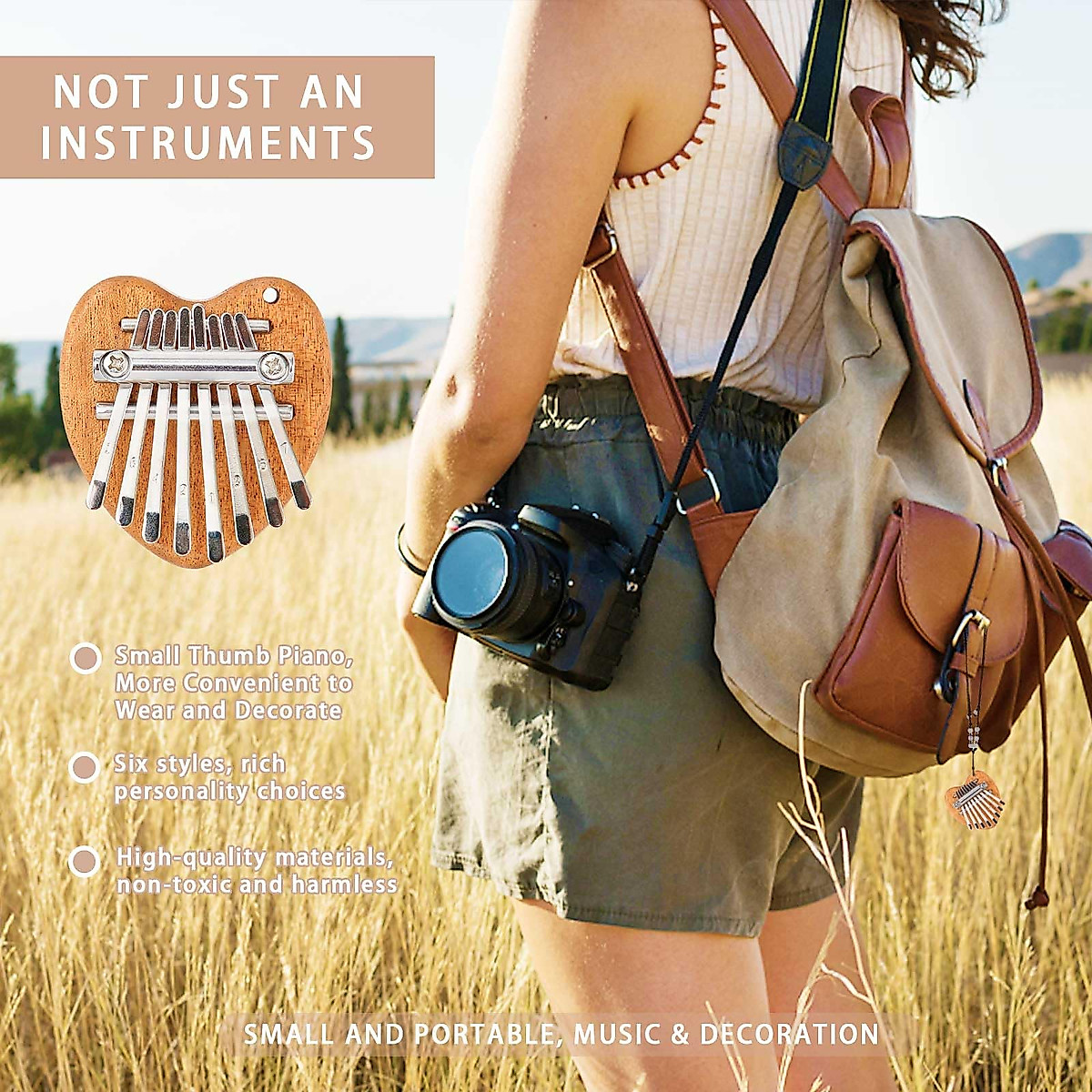 Mini Kalimba Thumb Piano 8 Keys,Portable Solid Wood Mbira Finger Piano for Kids and Adults,Pocket Musical Gifts for Beginners w/Chain