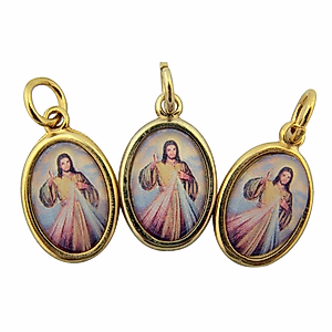 Religious Gifts Gold Tone with Epoxy Divine Mercy Jesus Christ Medal, Lot of 3, 1 Inch