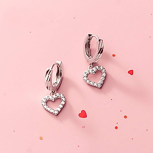 SLUYNZ 925 Sterling Silver Delicate CZ Heart Hoop Earrings for Women Sweet Love Heart Drop Earrings (A-Silver)