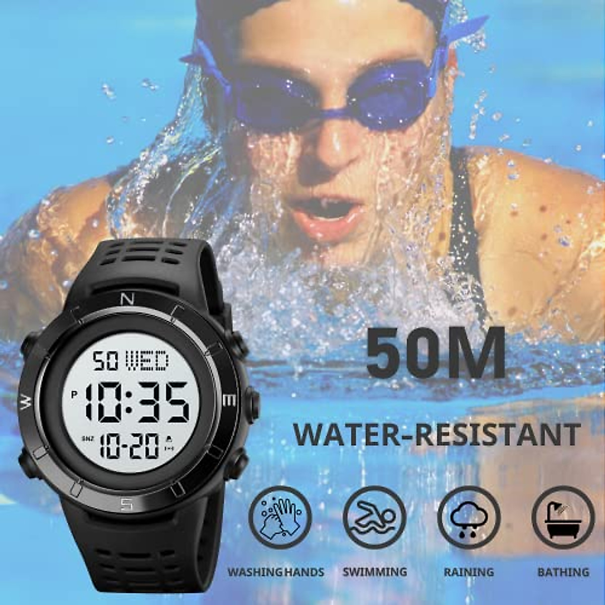CakCity Sports Watch Men with Large Face 50M Waterproof Watch for Men Digital Watch Outdoor Sports Watches for Men Unisex,Black