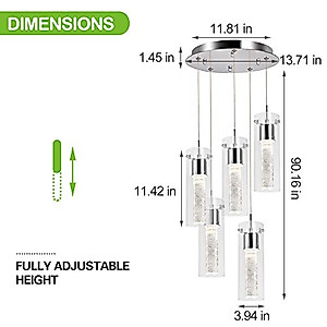 Hykolity 5-Light Pendant Ceiling Fixture, Integrated LED Kitchen Lighting, 30W (180 Watt Equivalent) CRI 90+, 2250lm Premium Bubble Glass with Chromed Finished ETL Listed