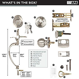 Ilyapa Front Entry Door Exterior Handleset - Classic, Satin Nickel Low Profile Door Lock Set Handle with Single Cylinder Deadbolt and Halifax Lever