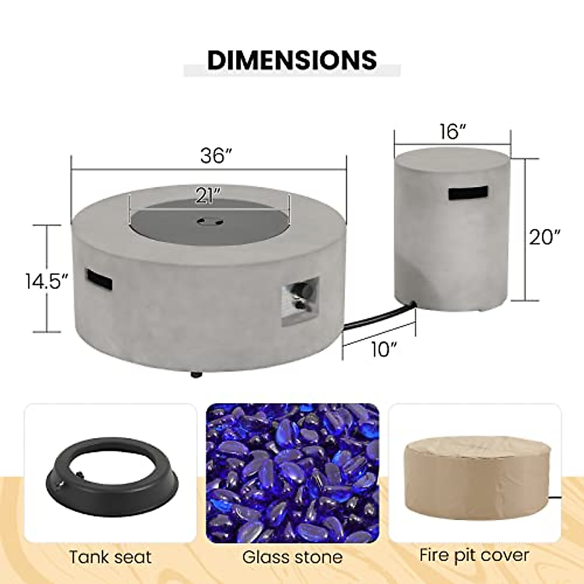 SUNSITT Outdoor 36’’ Propane Fire Pit with Tank Table 50,000 BTU Round Patio Propane Firepit Table with Tank Holder, Pit Cover, Metal Lid & Fire Glass, Grey Finish