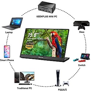 Geekplus Touch Monitor Portable Touchscreen Slim Mini Monitor with Battery Kickstand Speakers Laptop Monitor, External Monitor 15.6 Inch Computer Display 1080P Screen HDMI USB C Gaming Travel Monitor