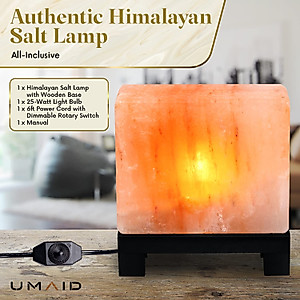 UMAID Himalayan Salt Lamp Rectangle, Salt Rock Lamp on Modern Wood Base, Night Light Bulb & Dimmable Cord, Natural Himalayan Pink Salt Lamp, Unique Home Decor, Zen Gifts, Spa & Meditation Accessories