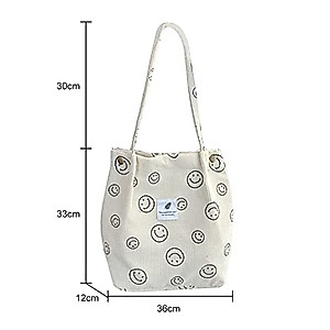 Cessfle Preppy Smiley Face Tote Bag, Corduroy Tote Bag Aesthetic Smiley Cute Tote Bags Handbag Shoulder Bags Teen Girls Trendy Stuff