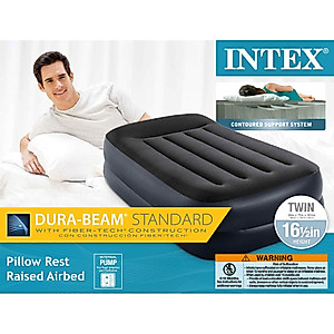 Intex Dura-Beam Fiber-Tech Elevated Inflatable Built-In Pillow Rest Raised Airbed Mattress with Internal Electric Pump and Carry Bag, Twin