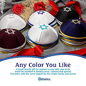 HolYudaica Pack of 10-Pcs Hq 20cm Satin Kippah with Silver/Gold String+Star of David for Men & Boys, Yamaka Hat from Israel, Kippot Bulk (Blue Silver)