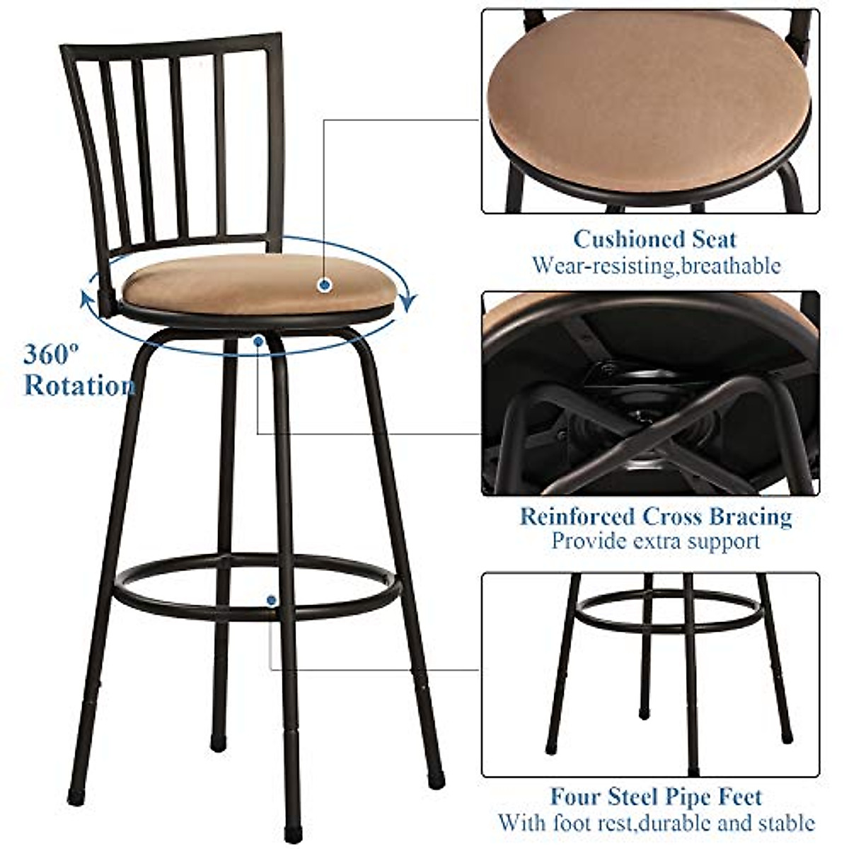 VECELO Barstools, Adjustable Counter Stools, Steel Bar Stools with 360 Degree Swivel Seat and Upholstered, Straight Line Backrest, 4 Packs
