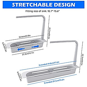 NiHome Telescopic Kitchen Over Sink Organizer with Towel Hanger, Expandable Slim Drain Basket Multifunctional Caddy Adjustable Length Colander Rack Sponge Holder Storage Tray for Home Bathroom (Grey)