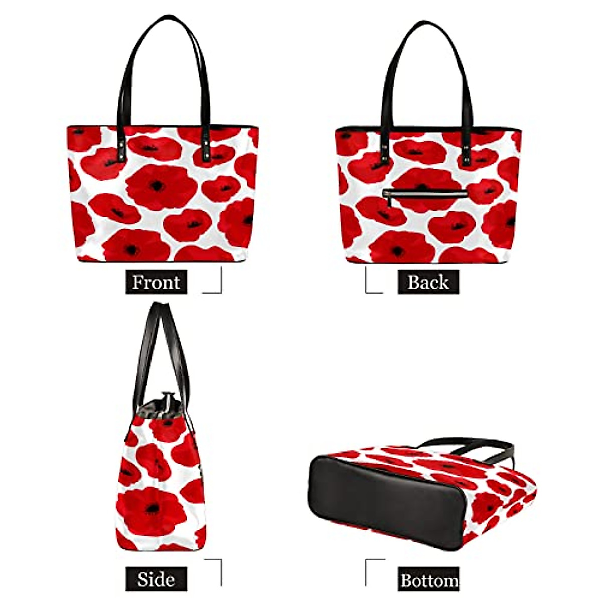 Poppy Women's Soft Faux Leather Tote Shoulder Bag Red poppies Big Capacity Handbag for Work School Travel Dating