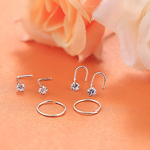 Sllaiss 22G 925 Sterling Silver Nose Rings Studs L Shaped CZ Nose Rings Hoop for Women Men Corkscrew Nose Rings Helix Piercing Jewelry Set Cartilage Earrings Hoop Tragus 8Pcs (3)