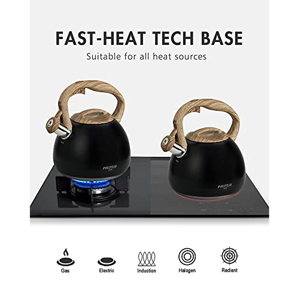 POLIVIAR Tea Kettle, Black Ti Stovetop Tea Kettle 2.7 Quart , Audible Whistling Teapot, Food Grade Stainless Steel for Anti-Rust and Anti Hot Handle, Suitable for All Heat Sources (JX2018-WB20)