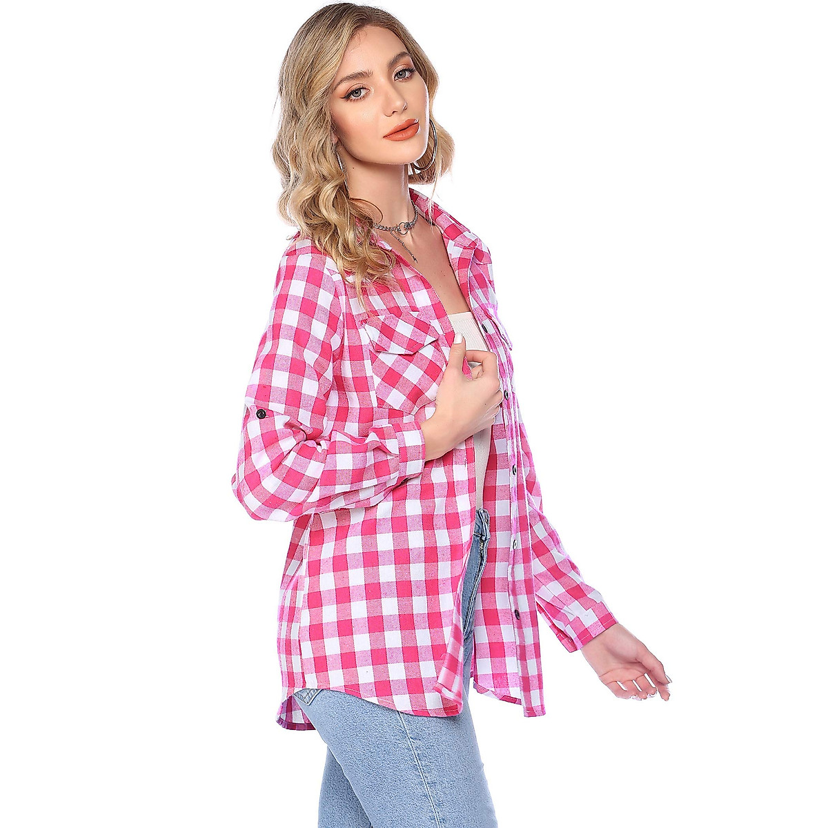 HOTOUCH Flannel Shirt for Women Long Sleeve Mid-Long Shirts with Pockets