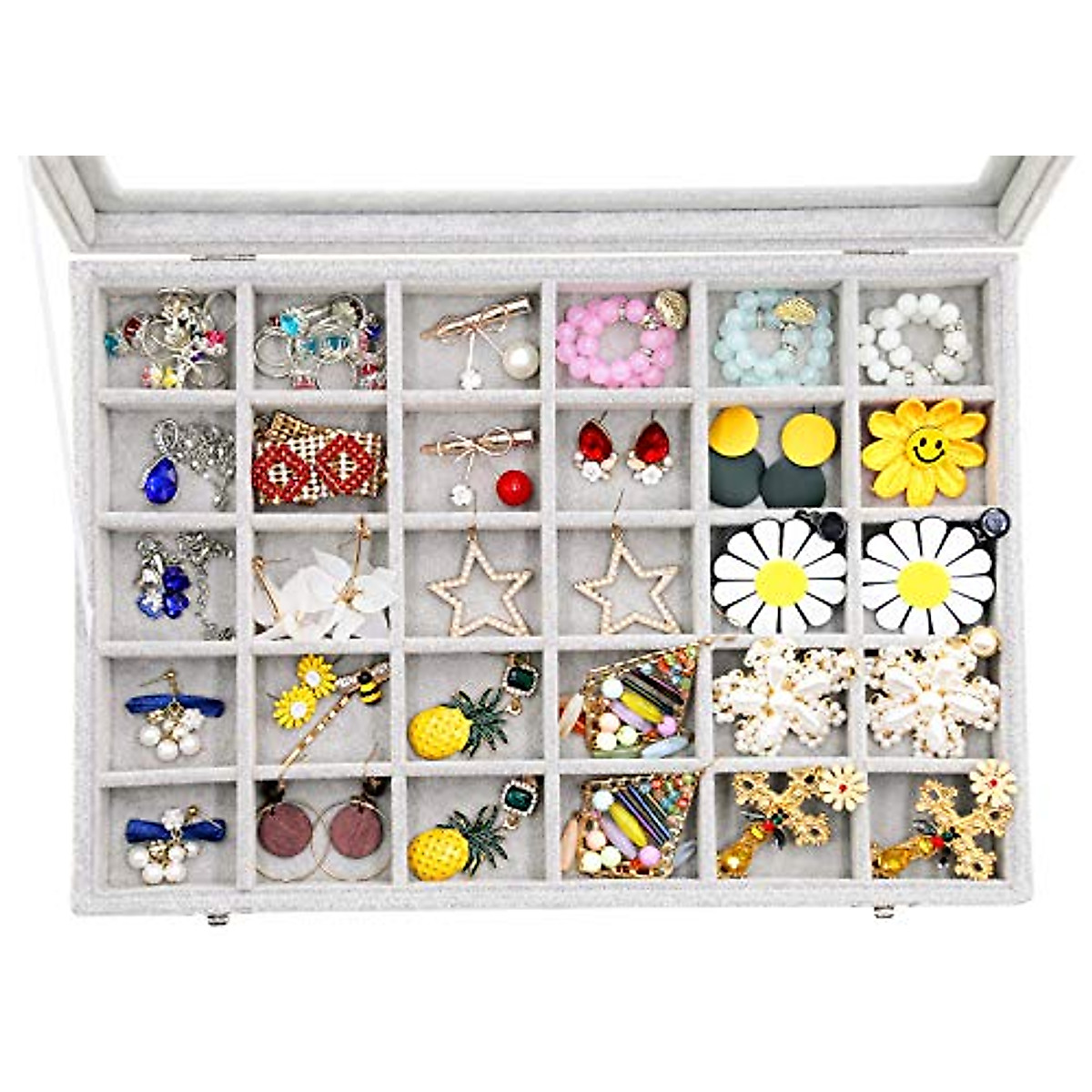 Wudygirl Clear Lid 30 Grid Jewelry Organizer Box Storage Case Showcase Display Jewelry Tray Stackable Removable Ice Velvet(30 Grid)