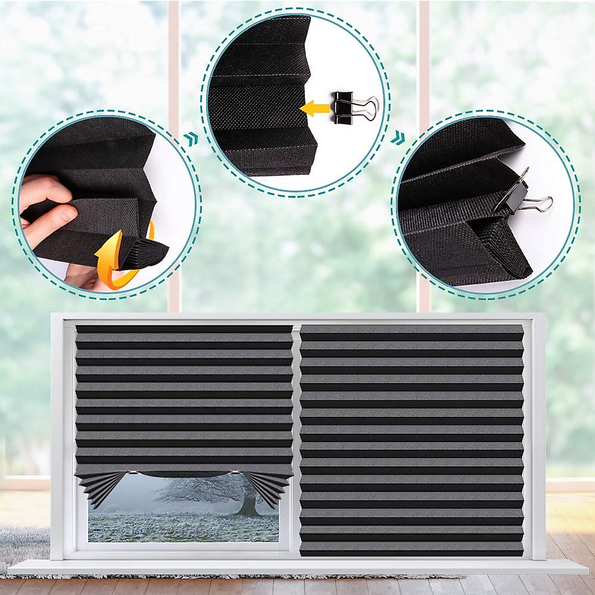 SEEYE Blackout Temporary Blinds Cordless Shades Fabric Pleated Fabric Shade Easy to Cut and Install, 48" W x 72" L - 1 Pack, Black, with 2 Clips