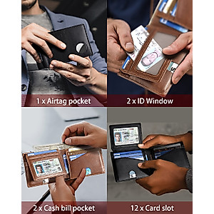 Mens Wallet With AirTag Holder, Bifold Leather RFID Blocking 2 ID Windows 12 Card Holders, Gift Box and Screen Protector Included, AirTag Not Included