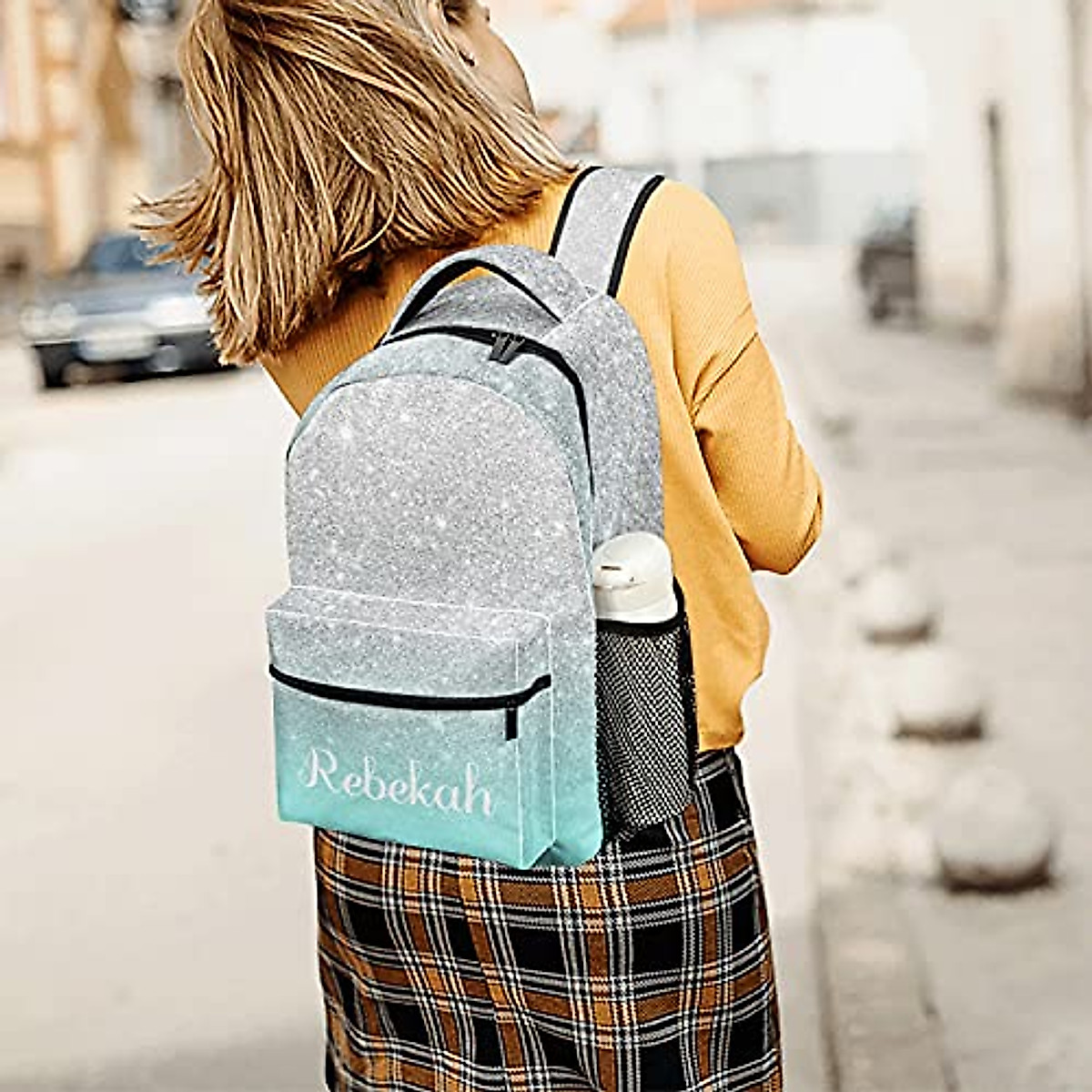 Eiis Silver Glitter Ombre Teal Ocean Students Personalized School Backpack for Kid-Boy /Girl Primary Daypack Travel Bookbag, One Size (P22889)