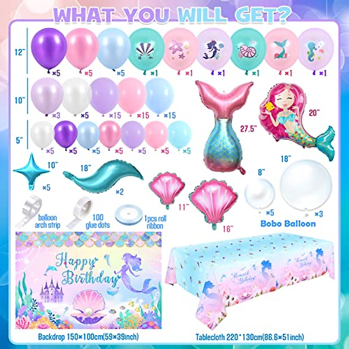 Winrayk Little Mermaid Birthday Party Decorations for Girls Pink Mermaid Balloon Arch Garland Backdrop Tablecloth Mermaid Tail Shell Star Bobo Balloon Princess Ariel Mermaid Party Decorations Supplies