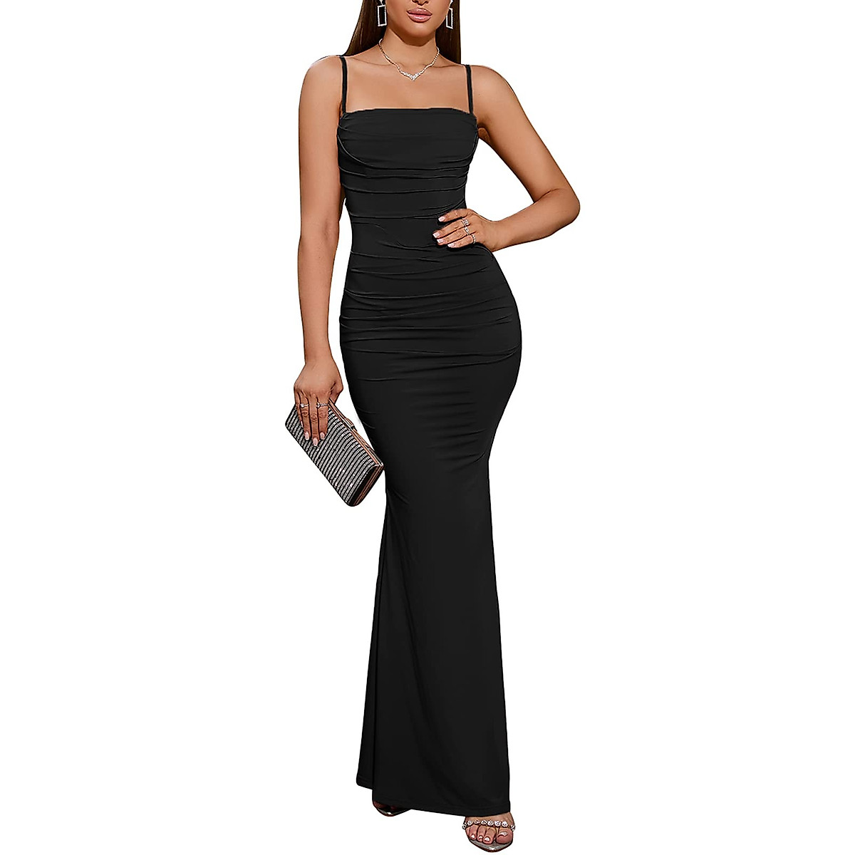 EYNMIN Women's Sleeveless Bodycon Corset Maxi Dress Spaghetti Strap Ruched Elegant Evening Wedding Guest Long Formal Dresses Black S