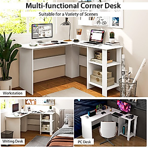 Tangkula White L Shaped Desk with Storage Shelves, Wooden Corner Computer Desk, Space-Saving Home Office Workstation, Gaming Desk, Writing Study Desk, L Shaped Office Desk