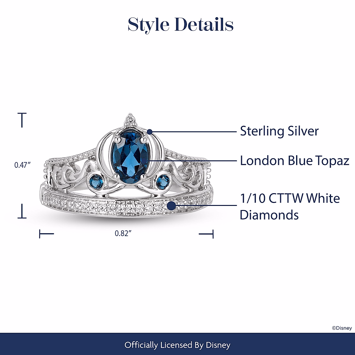 Jewelili Enchanted Disney Fine Jewelry Sterling Silver 6x4 MM London Blue Topaz with 1/10 Cttw Diamonds Cinderella Carriage Tiara Ring Size 8