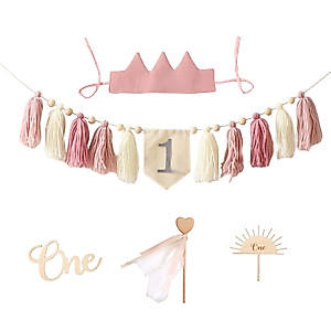 Ikubigu Highchair Banner for 1st Birthday, Handmade Birthday Crown, Highchair Banner, Cake Topper, Baby Shower Photo Props, Birthday Party Decorations Set for Baby Girl Baby Boy(Pink)