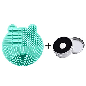 Silicon Makeup Brush Cleaner Mat with Brush Drying manual Make up brush cleaner cleanser machine Cosmetic Brush Cleaning Pad+Makeup Brush Dry Cleaned Quick Color Removal Sponge Scrubber Tool(Green)