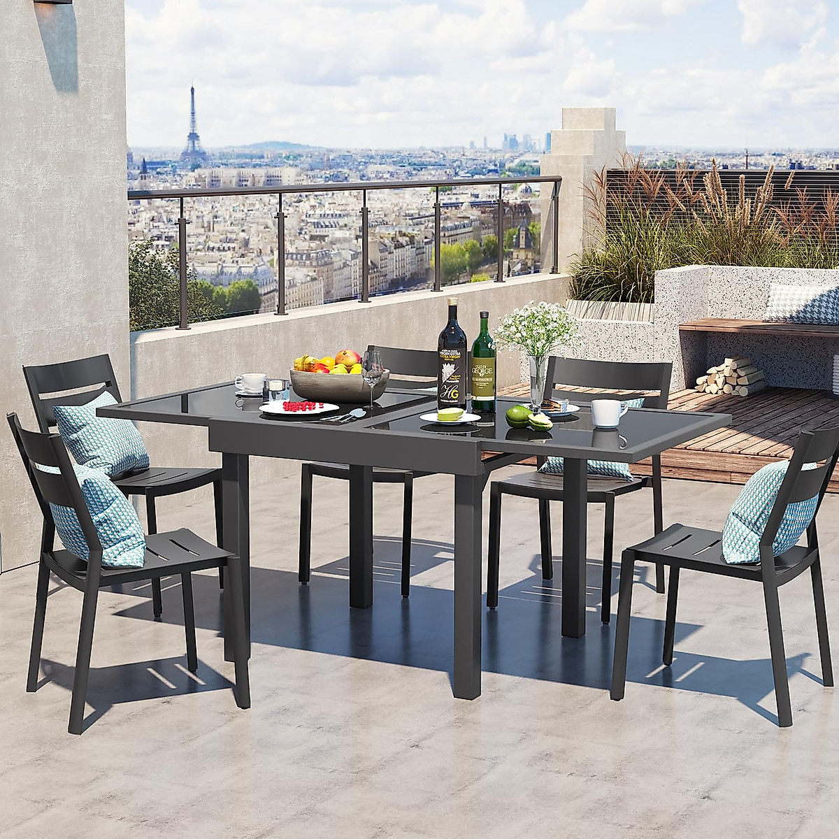 PATIOHIT Modern Aluminum Outdoor Dining Table - Expandable Patio Glass Dining Table for 6-8, Extendable Aluminum Patio Extender Table 35" to 70" for Backyard, Porch, Deck, Garden - Dark Grey