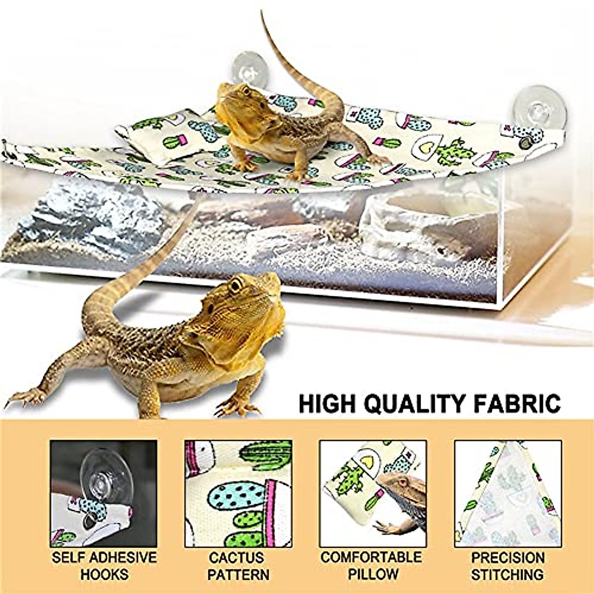 HAICHEN TEC Bearded Dragon Hammock Swing Hanging Bed Lounger Ladder with Adhesive Hooks and Suction Hook for Reptile Bearded Dragon Leopard Gecko Hamster Lizard (Cactus Pattern)