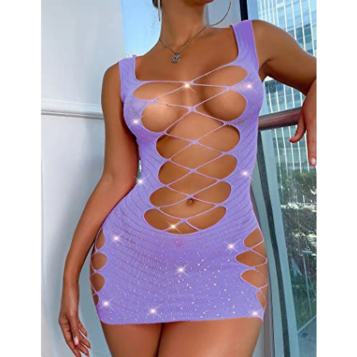 RSLOVE Womens Fishnet Lingerie Mesh Chemise Babydoll Bodysuit Lace Smock Lingerie for Women Light Purple