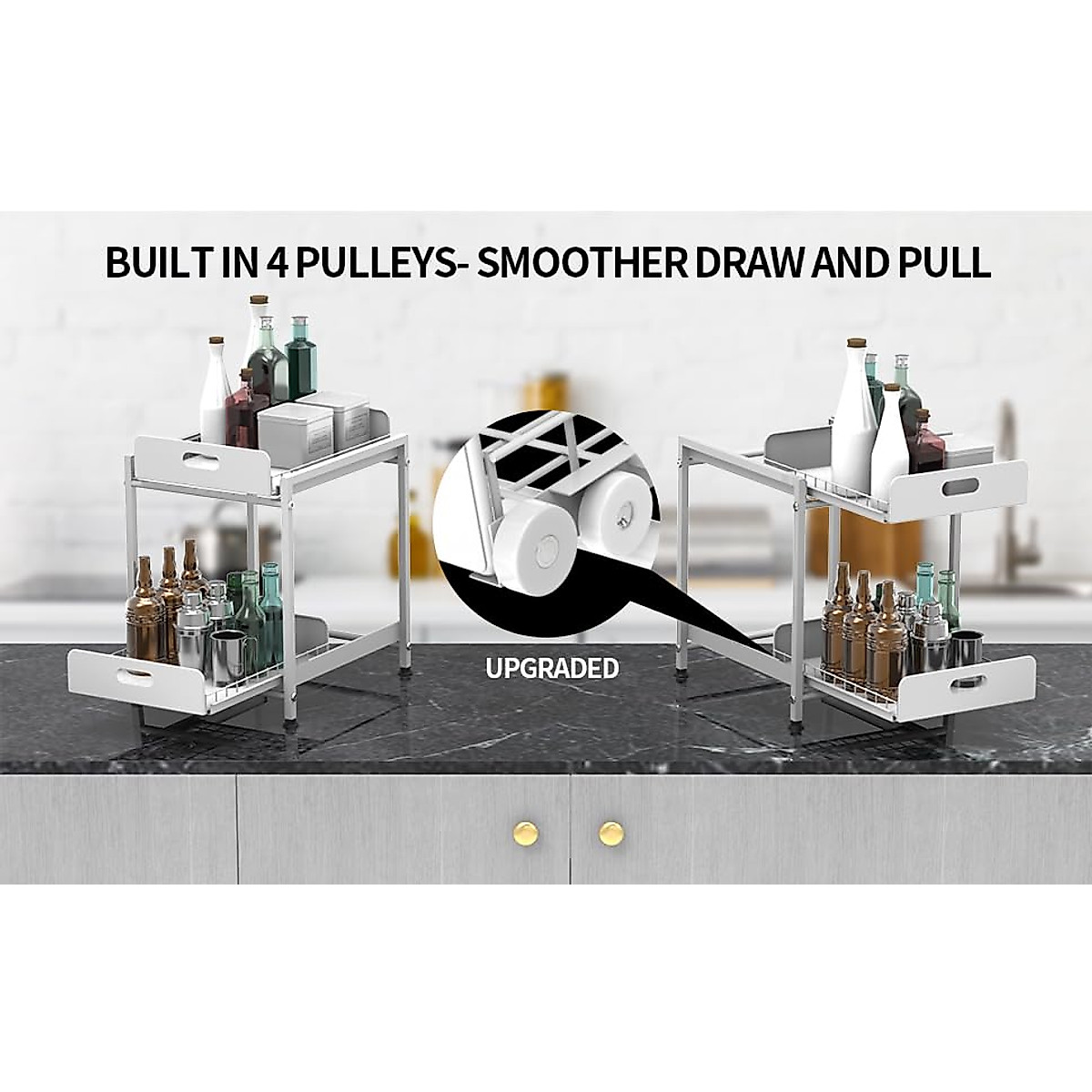 IncepKick Under Sink Organizer and Storage for Kitchen Bathroom 2 Tier Slide Out Under Sink Shelf Cabinet Storage Shelf Under Sink Storage Metal (White)