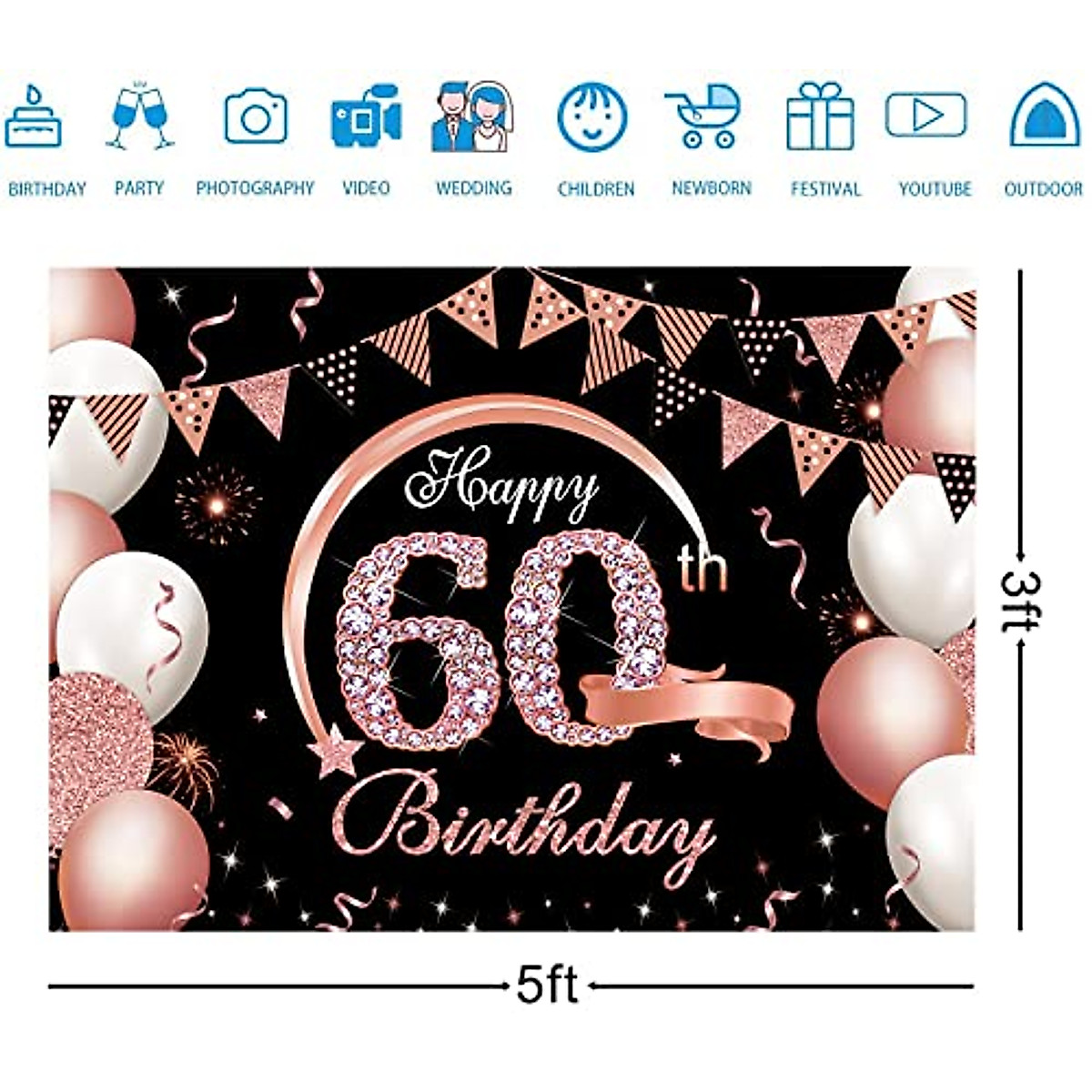 5x3ft Happy 60th Birthday Banner Backdrop Rose Gold 60th Birthday Decorations for Women 60 Birthday Sign Party Supplies Sixty Year Old Birthday Theme Poster Decor Photography Background