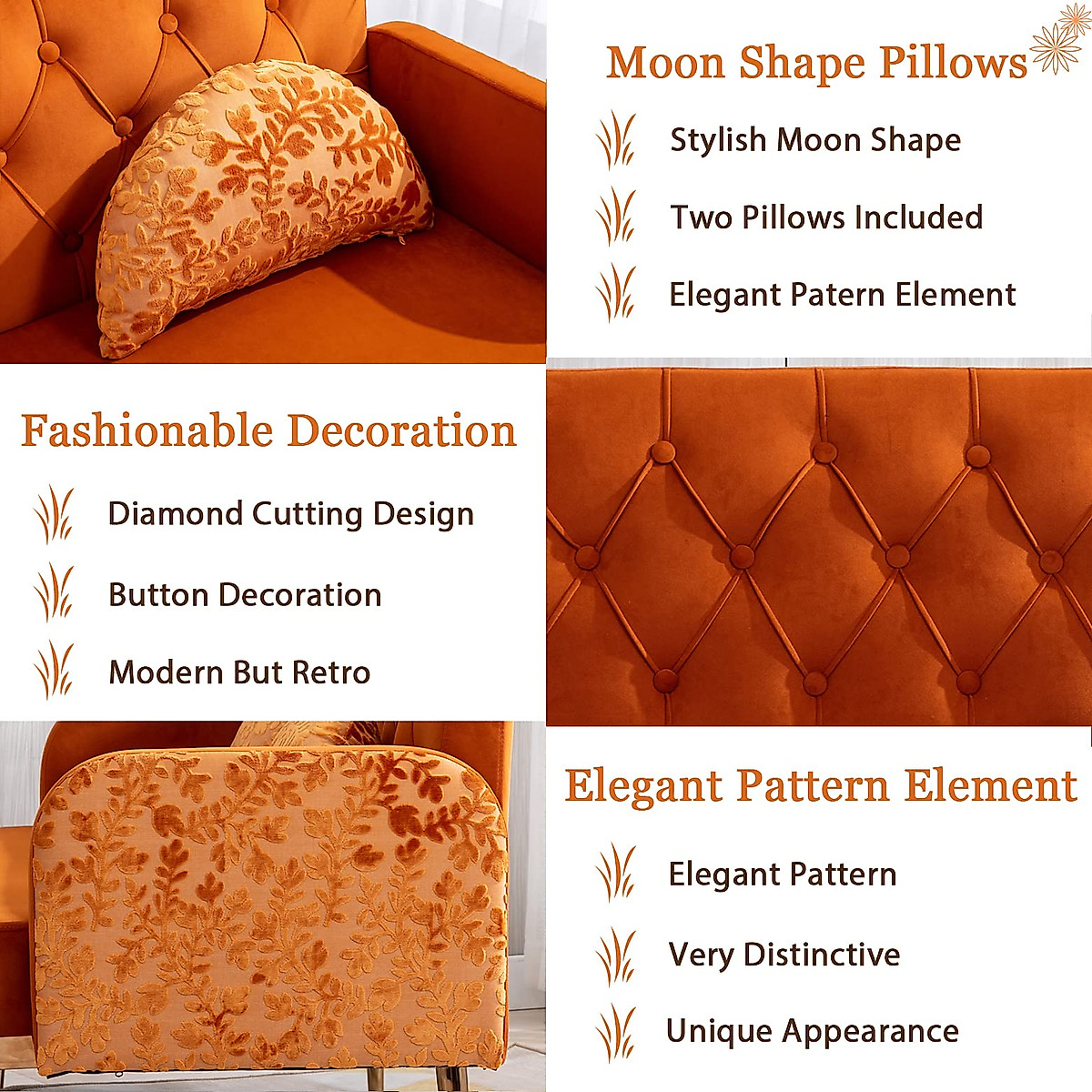 55-inch Small Velvet Couch with Elegant Moon Shape Pillows, Twin Size Loveseat Accent Sofa with Golden Metal Legs, Living Room Sofa with Tufted Backrest, 600 Pounds Weight Capacity, Orange