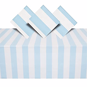 3 Pack Light Blue and White Striped Tablecloth, Disposable Table Cover for Summer Beach Theme Party Decorations (54 x 108 in)