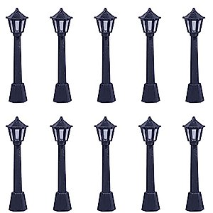 10pcs Mini Miniature Street Light Model, Railway Train Post Lamps, Black Lamp Outdoor Pathway Lantern Post for Dollhouse Decoration Micro Landscape Fairy Garden Lighting Accessories, Black