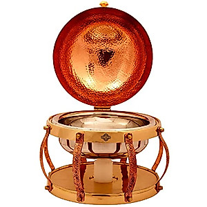 Indian Art Villa Steel Copper Chafing Dish with Designer Gel Stand, Buffet Warmer Serveware Party, Volume 64 Oz