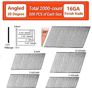 SITLDY 16 Gauge Angled Finish Nails, 20-Degree, 2000-Pack (2-1/2", 2", 1-1/2", 1-1/4" 500 Per Sizes), Galvanized Assorted Size Project Pack, for Pneumatic, Electric Angled Finish Nailer (2000)