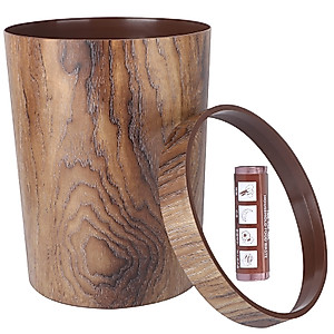 VICASKY Retro Trash Can Ornament Container Metal Storage Baskets Lip Gloss Containers Small Trash Can Rubbish Bin Wood Grain Wastebasket Trash Can Garbage Bin Living Room Garbage Bin Brown