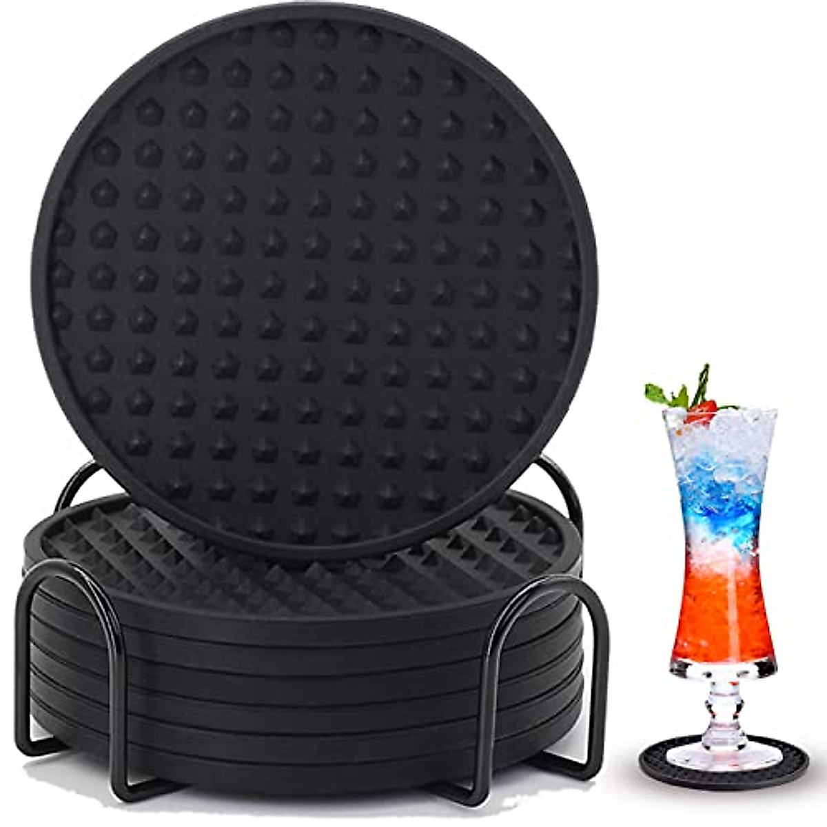 Silicone Coasters for Drinks with Holder, Drink Coasters with Grooved Pattern, Non-Slip Base, Washable and Heat Resistant Coffee Coasters for Table/ Kitchen/Office/Bar (Pyramid Pattern-Black)