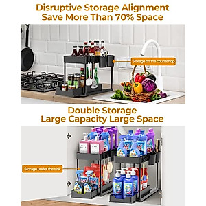 Stackable Under Sink Organizers and Storage - DILEASIR Upgraded 12in Heightened Sticks 2 Tier Under Sink Organizer with 4 Hanging Cups, 8 Dust Plugs, 8 Hooks, Multi-function Storage, Black, 2 Pack