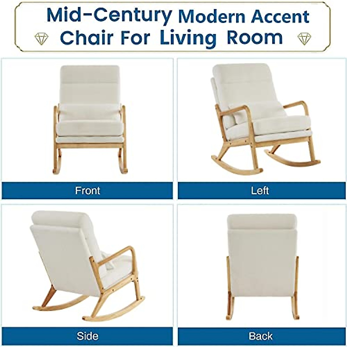 pazezog Rocking Chair,High Back Mid-Century Modern Accent Chair,Nursery Rocking Chair with Wooden Armrest,Upholstered Glider Rocker with Lumbar Pillow for Living Room