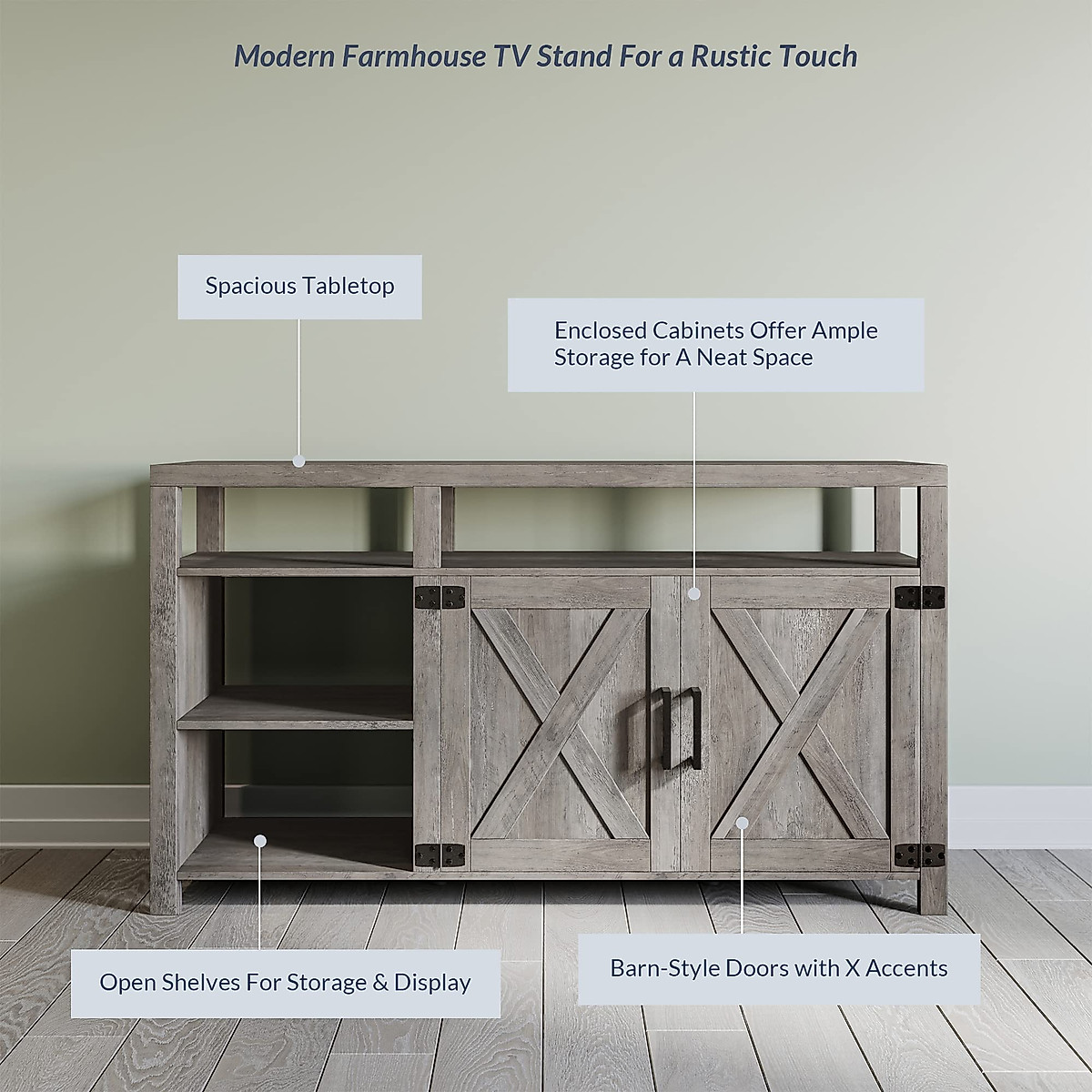 BELLEZE 58" TV Stand for TVs Up to 65", Modern Entertainment Center & TV Cabinet with Storage Shelves and Cabinet, Wood Storage Cabinet Media Console Table for Living Room Bedroom, Gray Wash