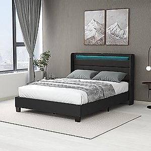 NNV Modern Queen Size Upholstered Platform Bed Frame with Linen Headboard, LED Bed Frame with Adjustable Color Selection,Strong Wood Slat Support Easy Assembly, Black